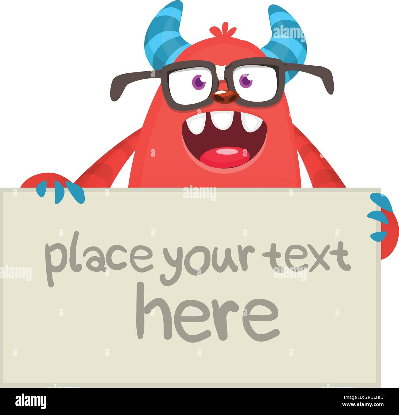 Funny cartoon monster character holding blank paper sheet or board for ...