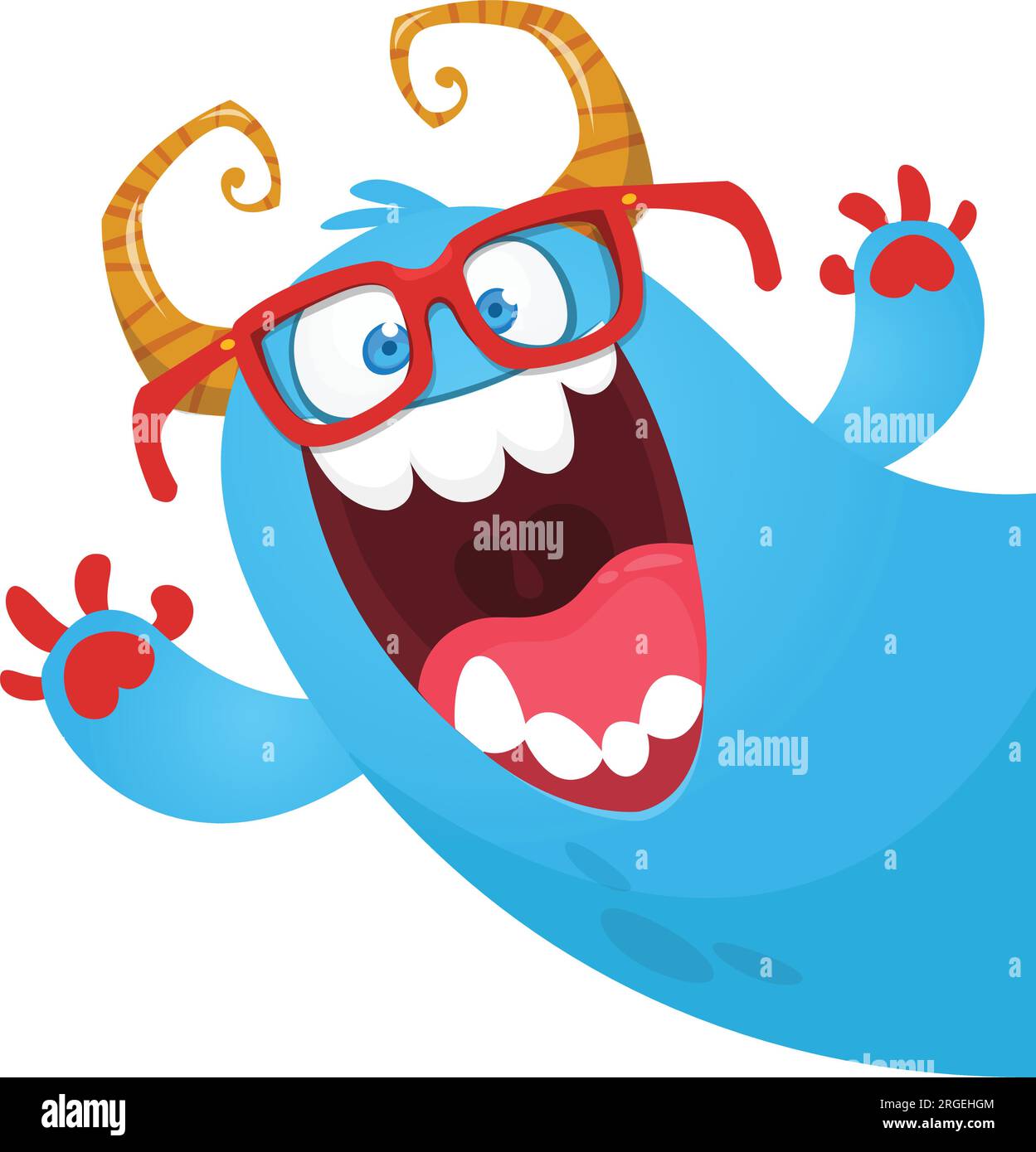 Funny cartoon smiling monster character pop up and waving hands ...