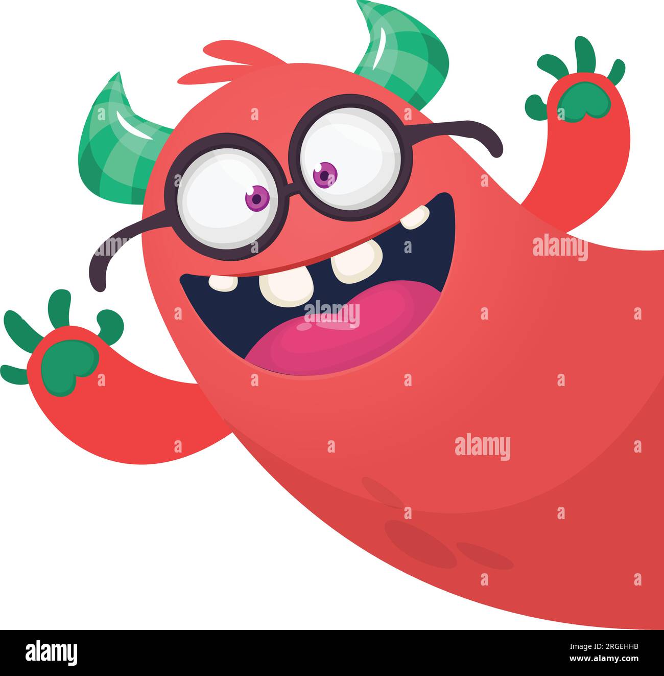 Funny cartoon smiling monster character pop up and waving hands ...