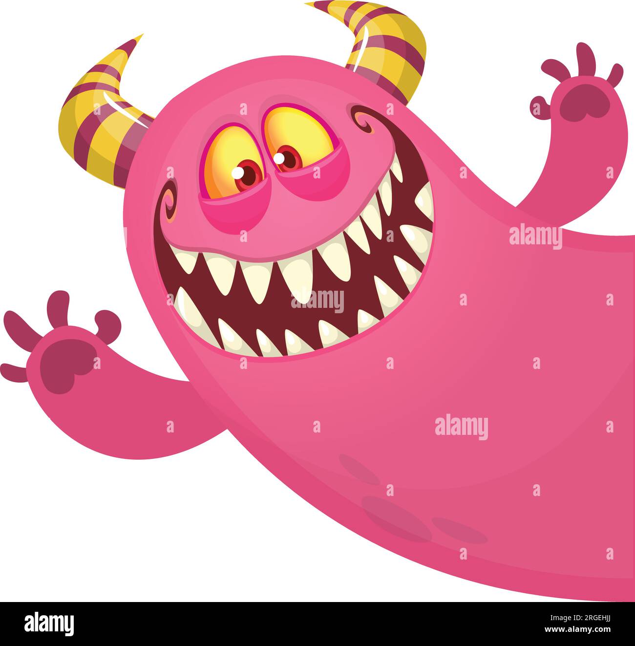 Funny cartoon smiling monster character pop up and waving hands ...