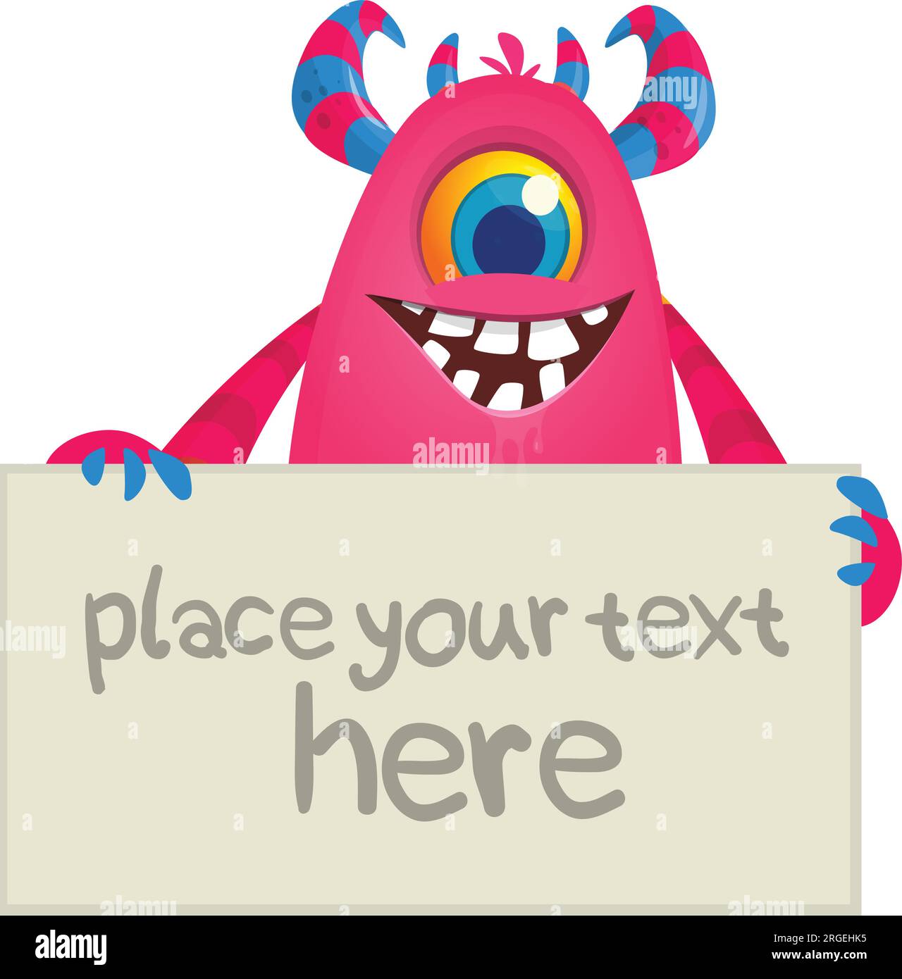 Funny cartoon monster character holding blank paper sheet or board for ...