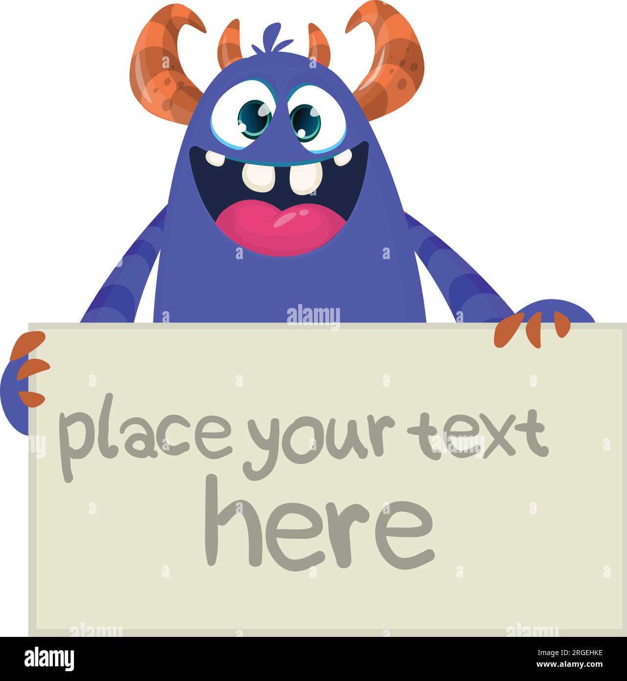 Funny cartoon monster character holding blank paper sheet or board for ...
