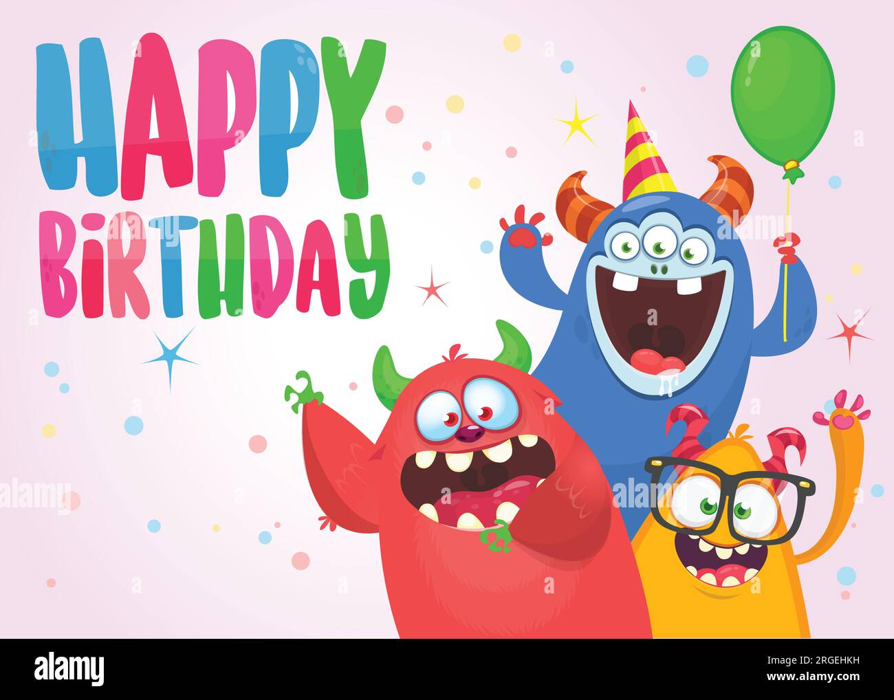 Funny cartoon monster characters set card for birthday party ...