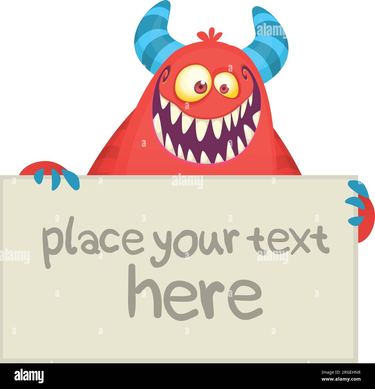 Funny cartoon monster character holding blank paper sheet or board for ...
