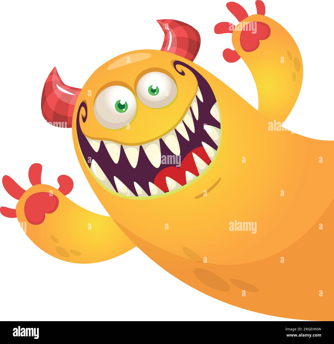Funny cartoon smiling monster character pop up and waving hands ...