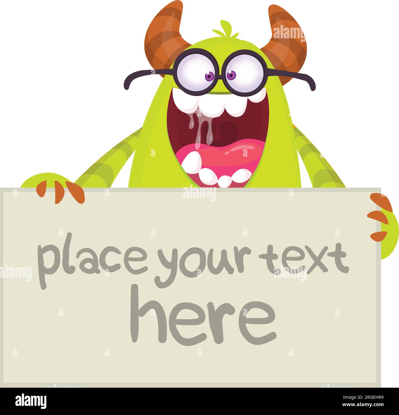 Funny cartoon monster character holding blank paper sheet or board for ...