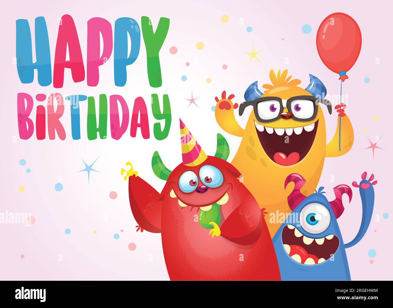 Funny cartoon monster characters set card for birthday party ...