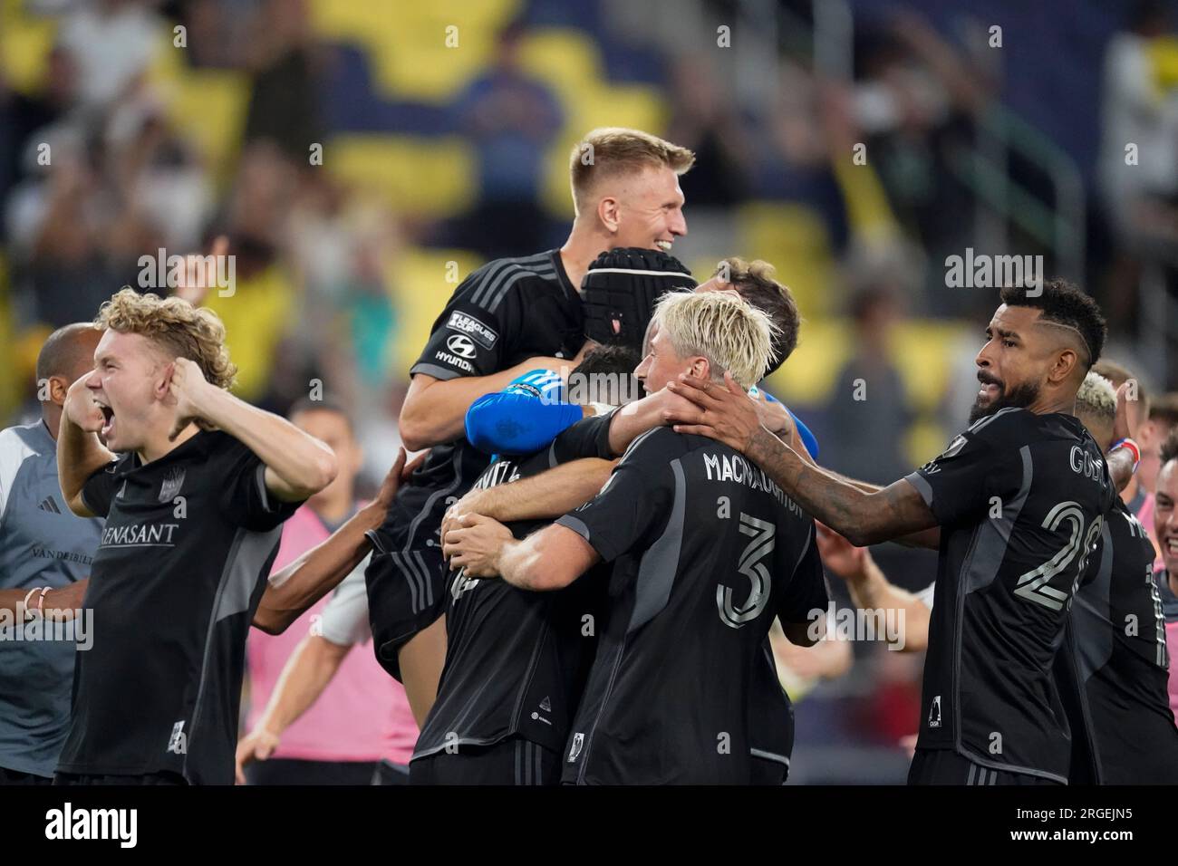 Nashville SC forward Jacob Shaffelburg, left and teammates celebrate ...