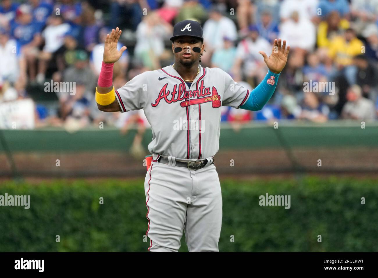 Atlanta Braves' Ronald Acuna Jr., warms up before a baseball game ...