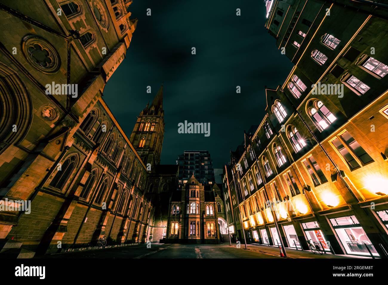 Wide angle church at night low perspective Stock Photo - Alamy