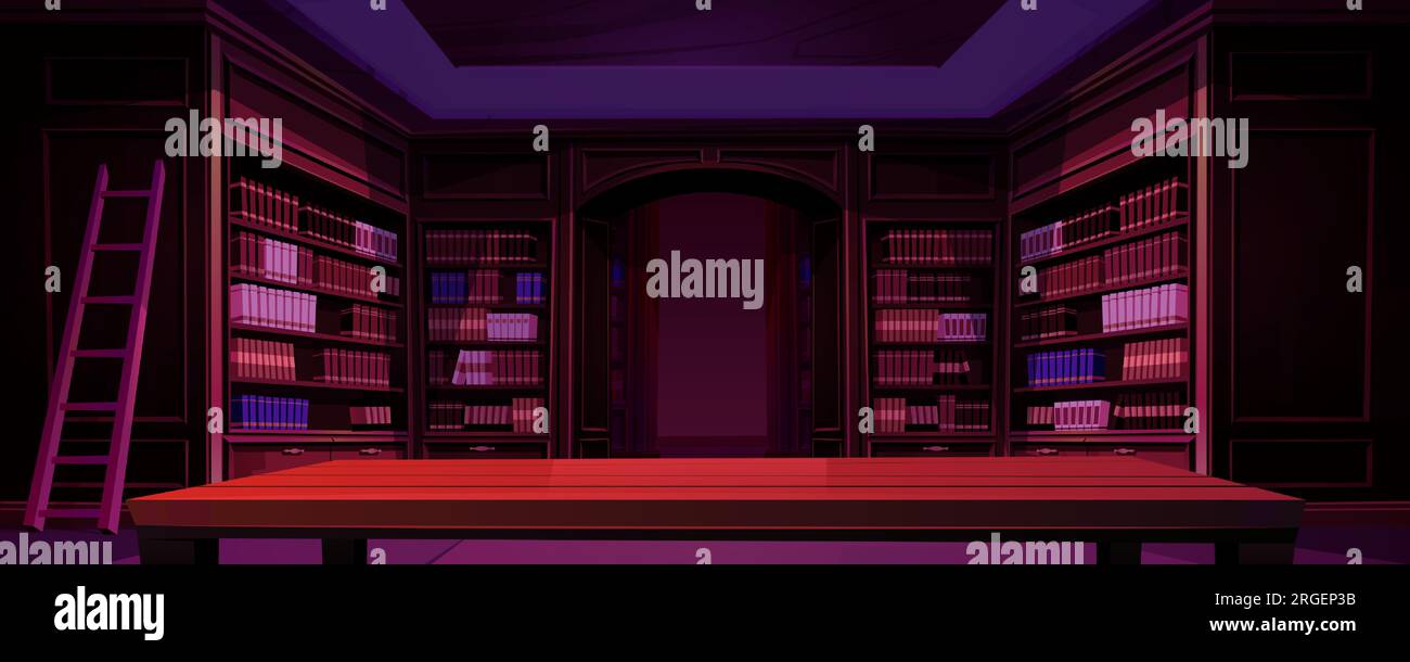 Book and table in library room interior vector background. Wooden desk ...