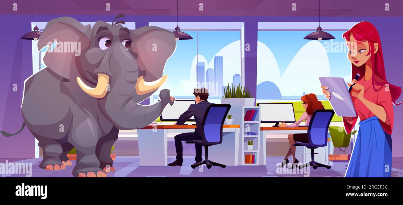 Business people working on computers, elefant in middle of company ...