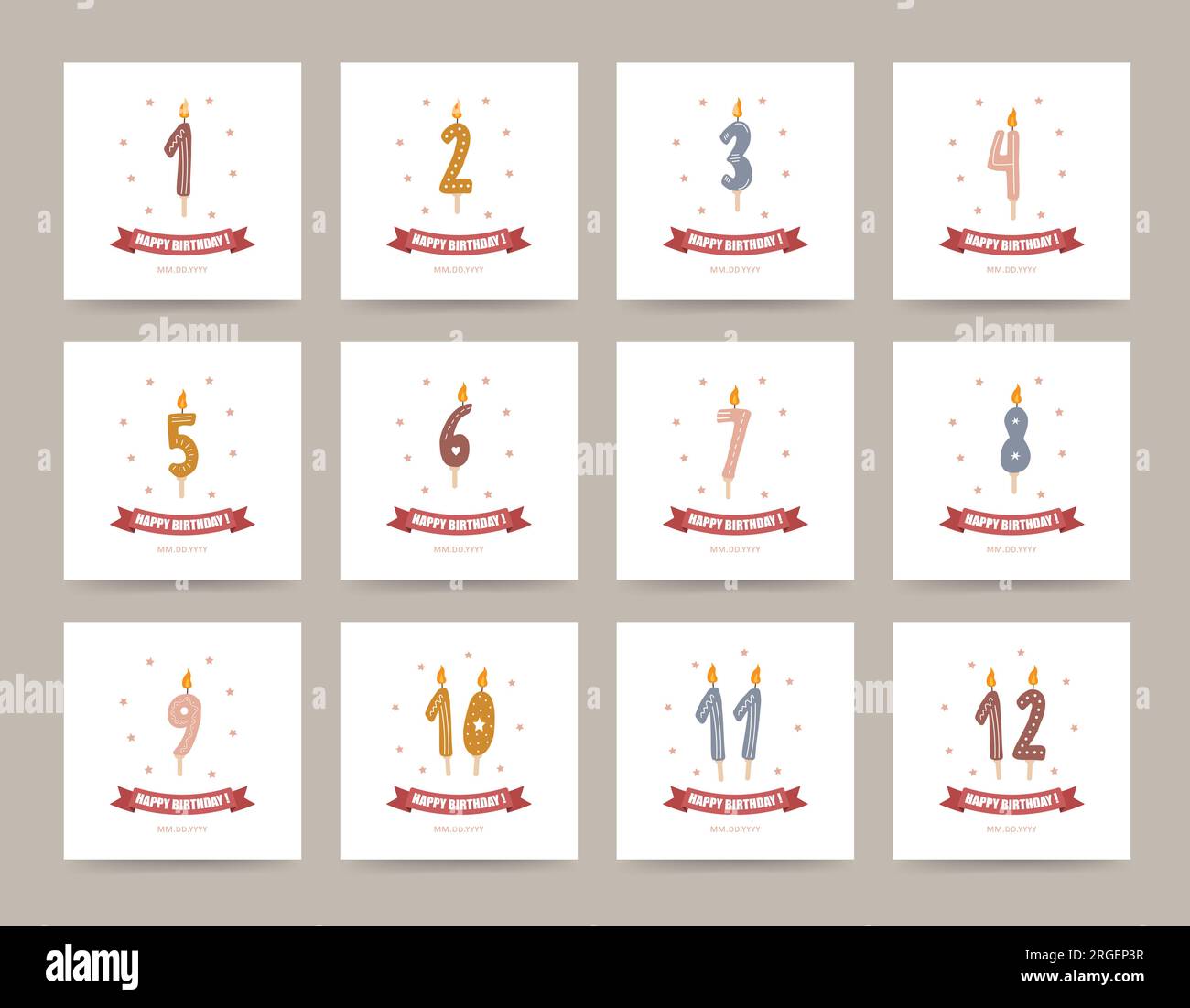 Birthday numbers candles with burning flames. Cute boho elements for ...