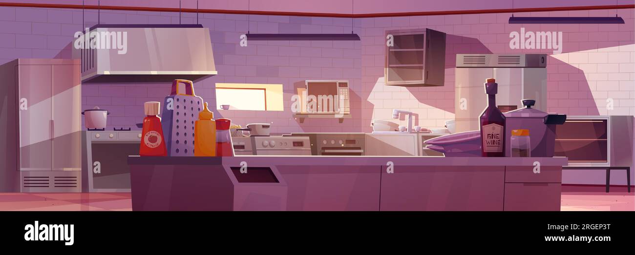 Cartoon restaurant kitchen interior table view. Commercial food ...