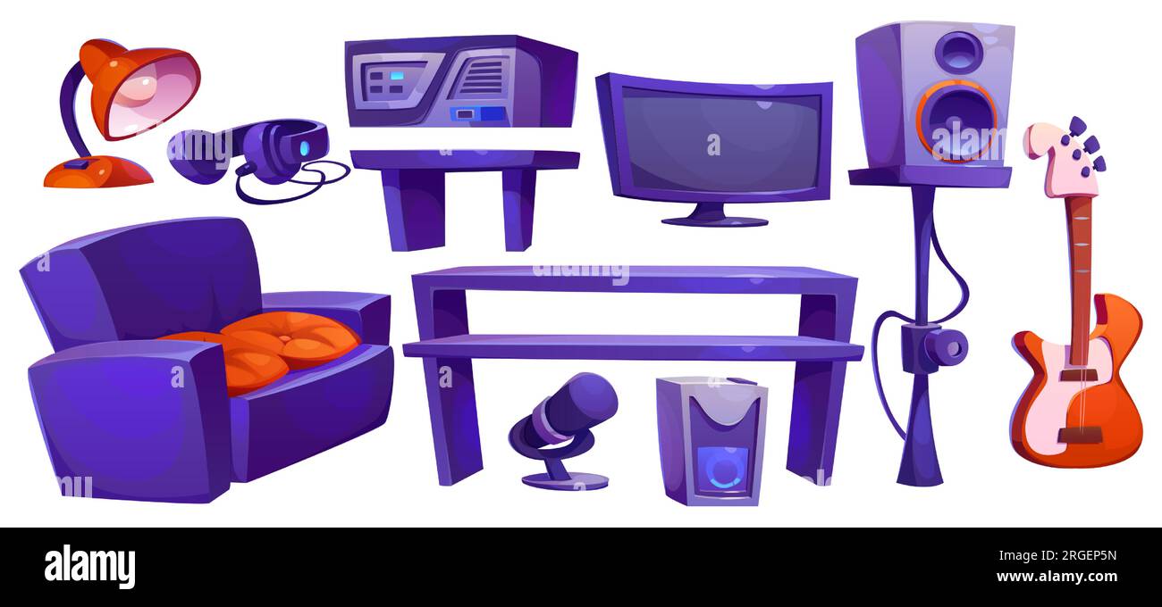 Music studio record furniture vector cartoon set. Empty radio ...