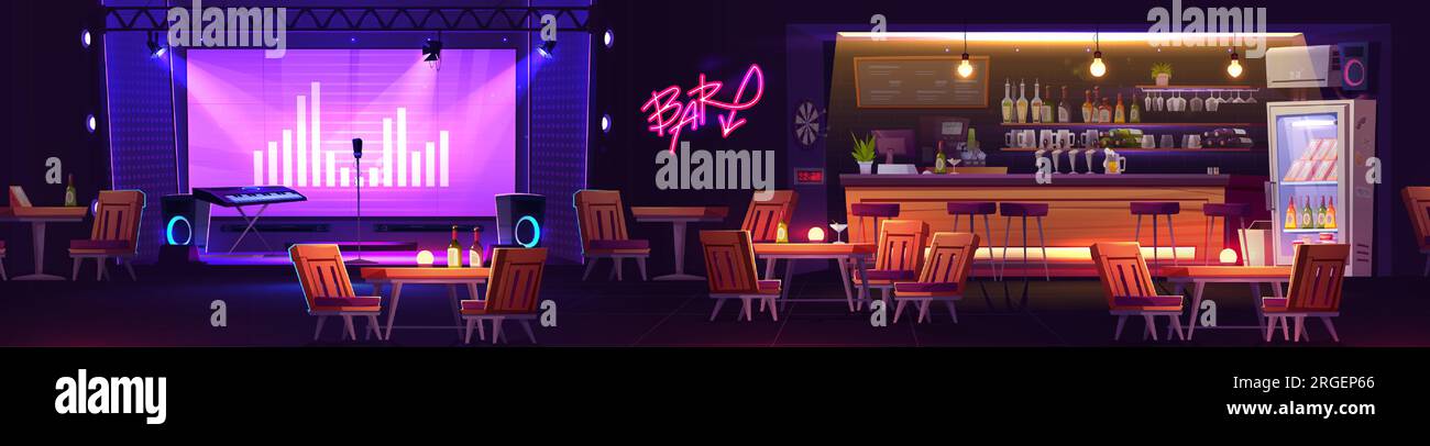 Night club stage with pub counter vector illustration. Beer goblet ...