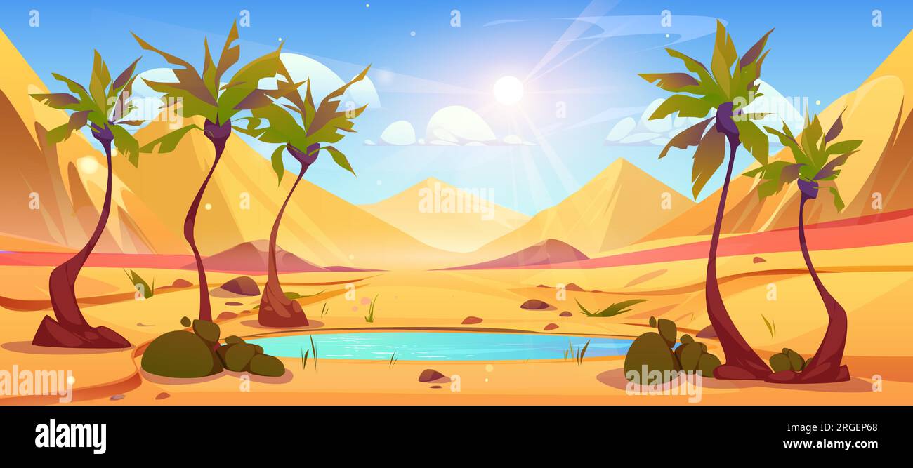 Palm tree, lake in desert oasis and sun in sky vector egypt landscape ...