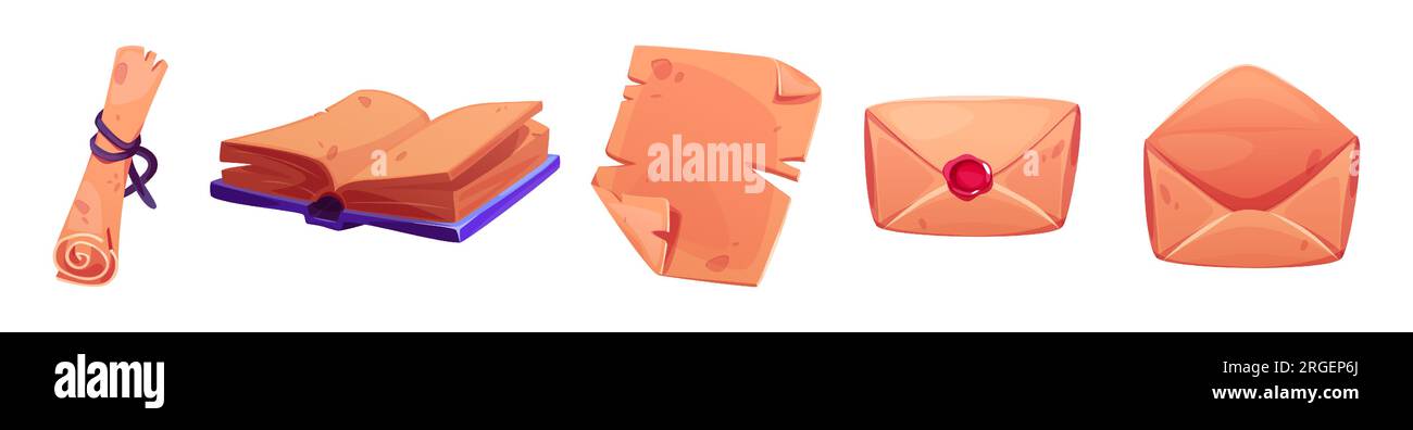 Cartoon set of ancient parchment scroll, book, paper sheet, enevelope ...