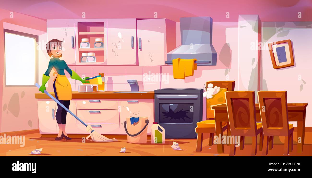 Woman clean house kitchen vector illustration. Housewife wash home ...