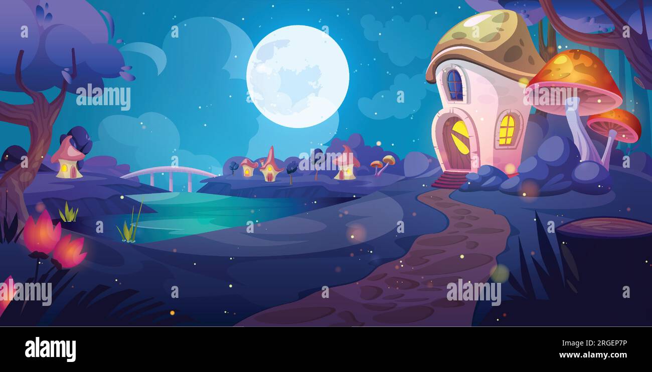 Fairytale fantasy mushroom house at night cartoon. Magic village ...
