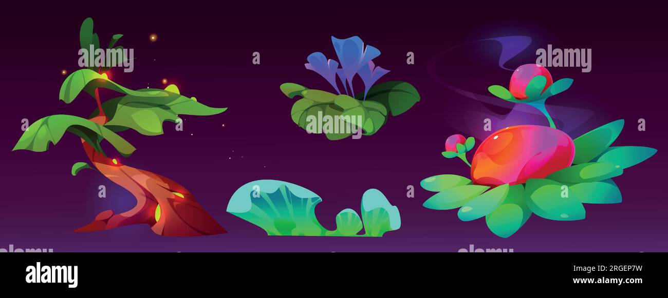 Set of magic tree and flowers isolated on dark background. Vector ...
