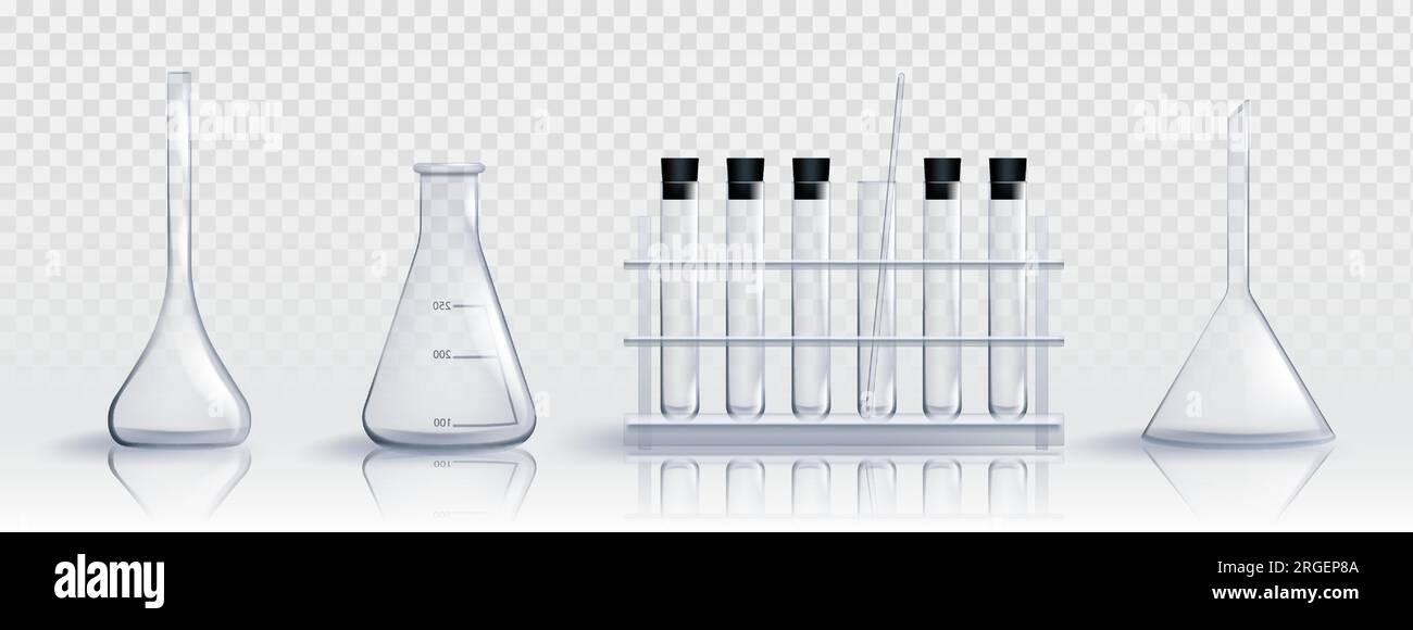Realistic set of laboratory glassware isolated on transparent ...