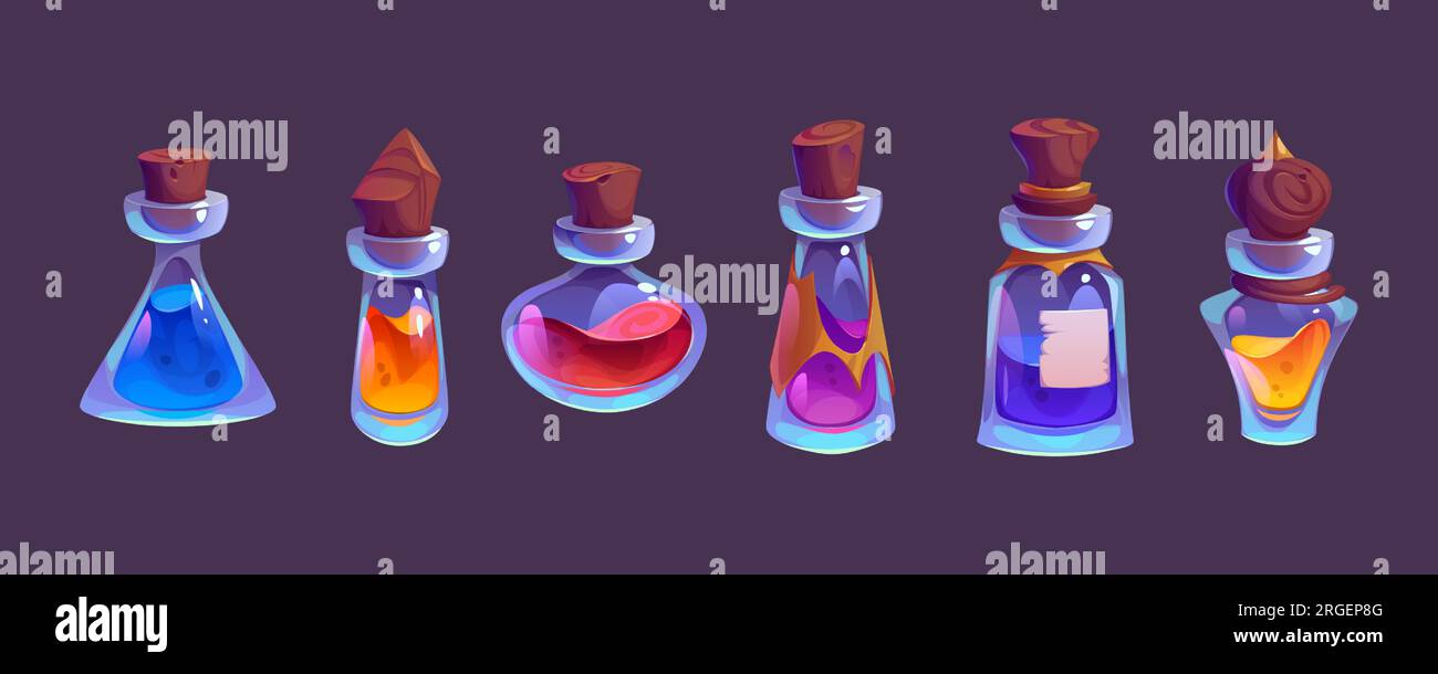 Bottles and jars with magic potions, elixirs and poisons. Fantasy set ...