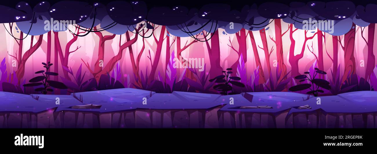 Purple seamless forest landscape game background. Fantasy jungle nature ...