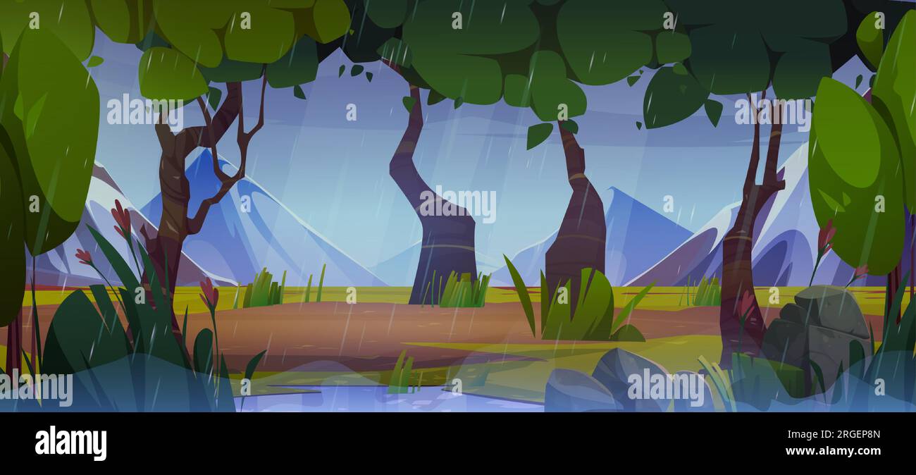 Rainy day in mountain forest. Vector cartoon illustration of old wood ...