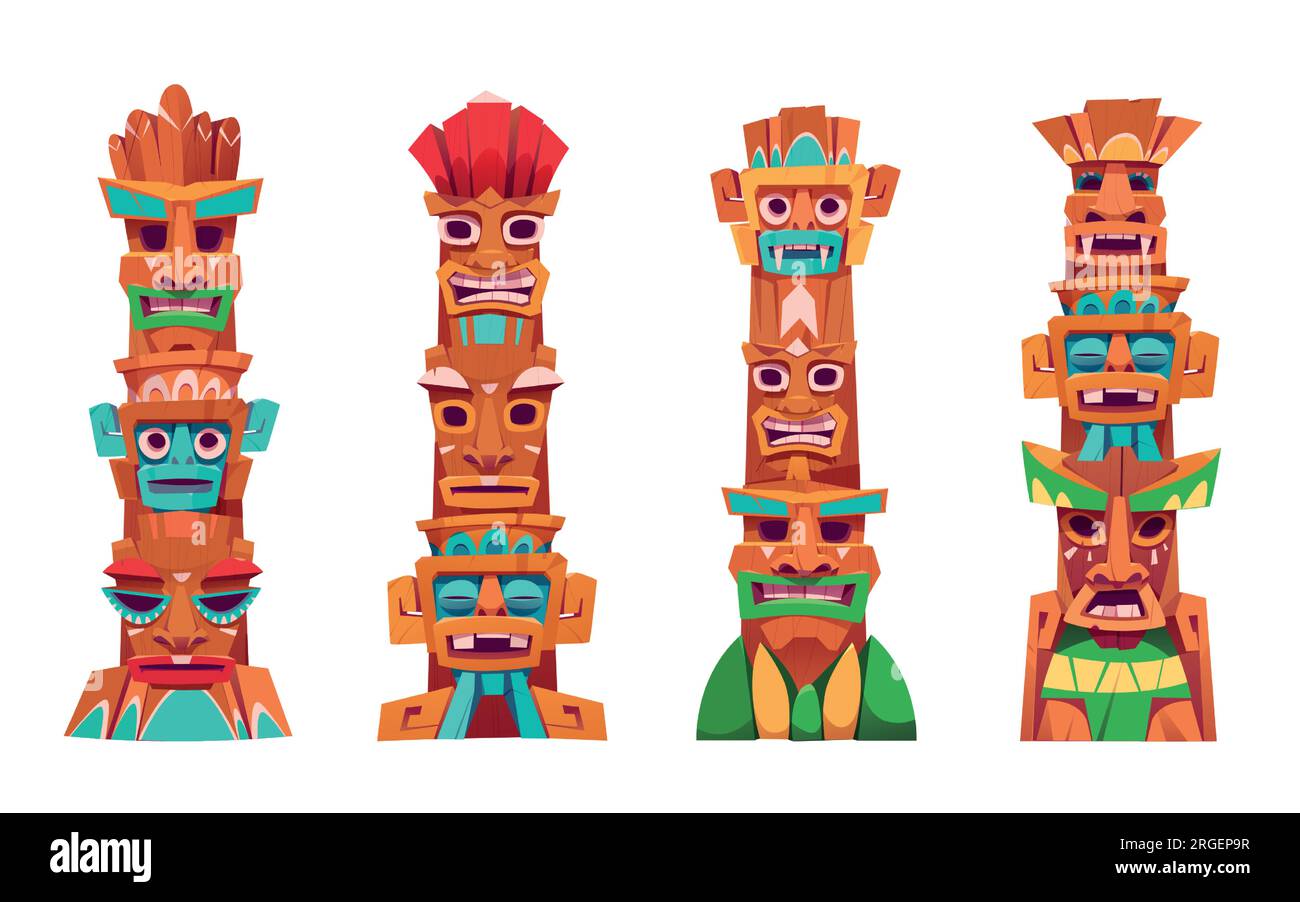 Tiki Mask Pole Totem Tribal Vector Cartoon Icon Set African Luau Face Wood Sign For Tropical