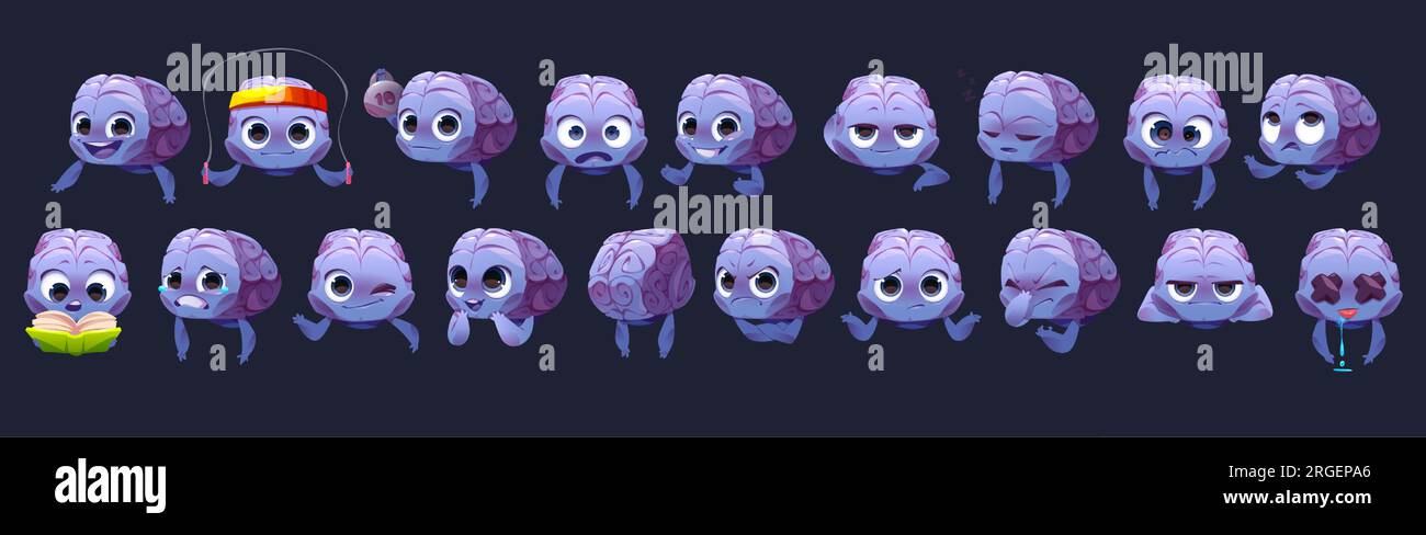 Cartoon set of human brain character with different emotions. Vector ...