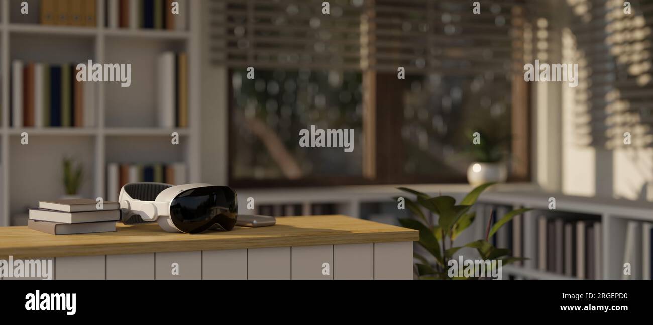 A modern VR goggles or headset on a table in a modern and cozy living ...