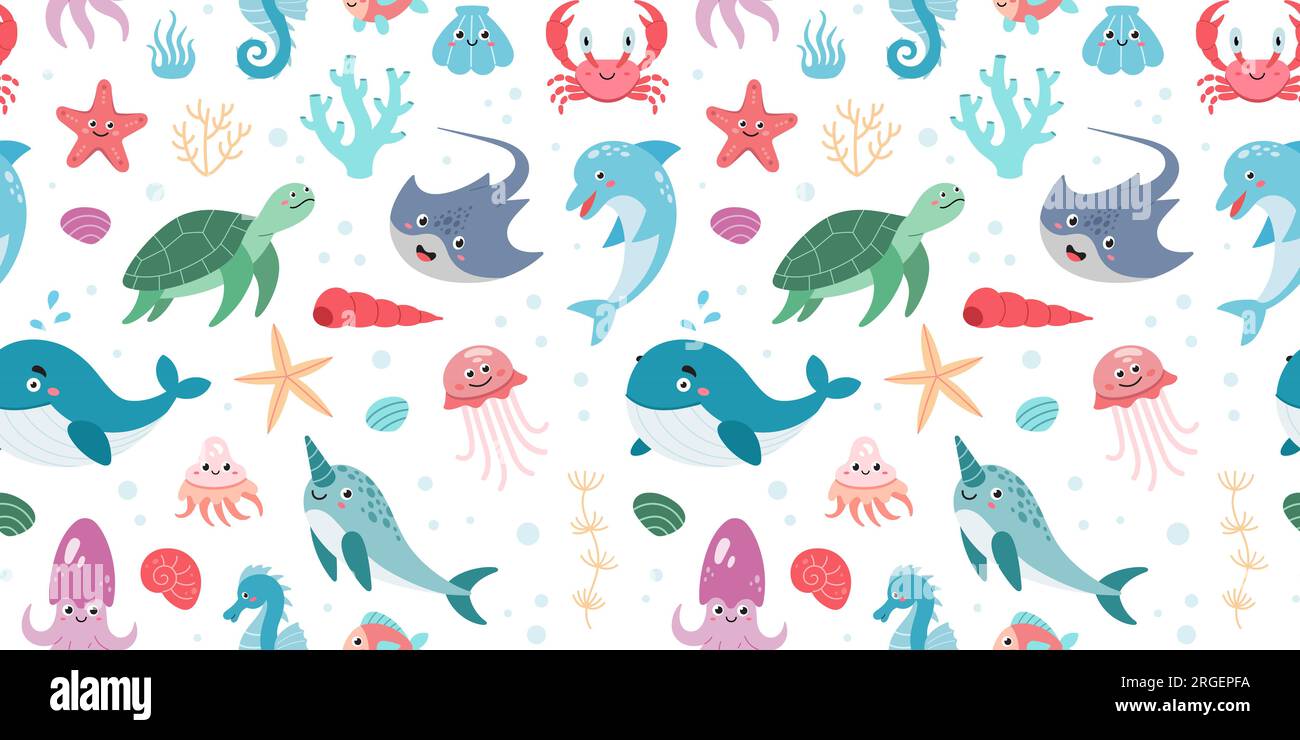 Hand drawn ocean creatures seamless pattern. Cartoon Sea animals ...