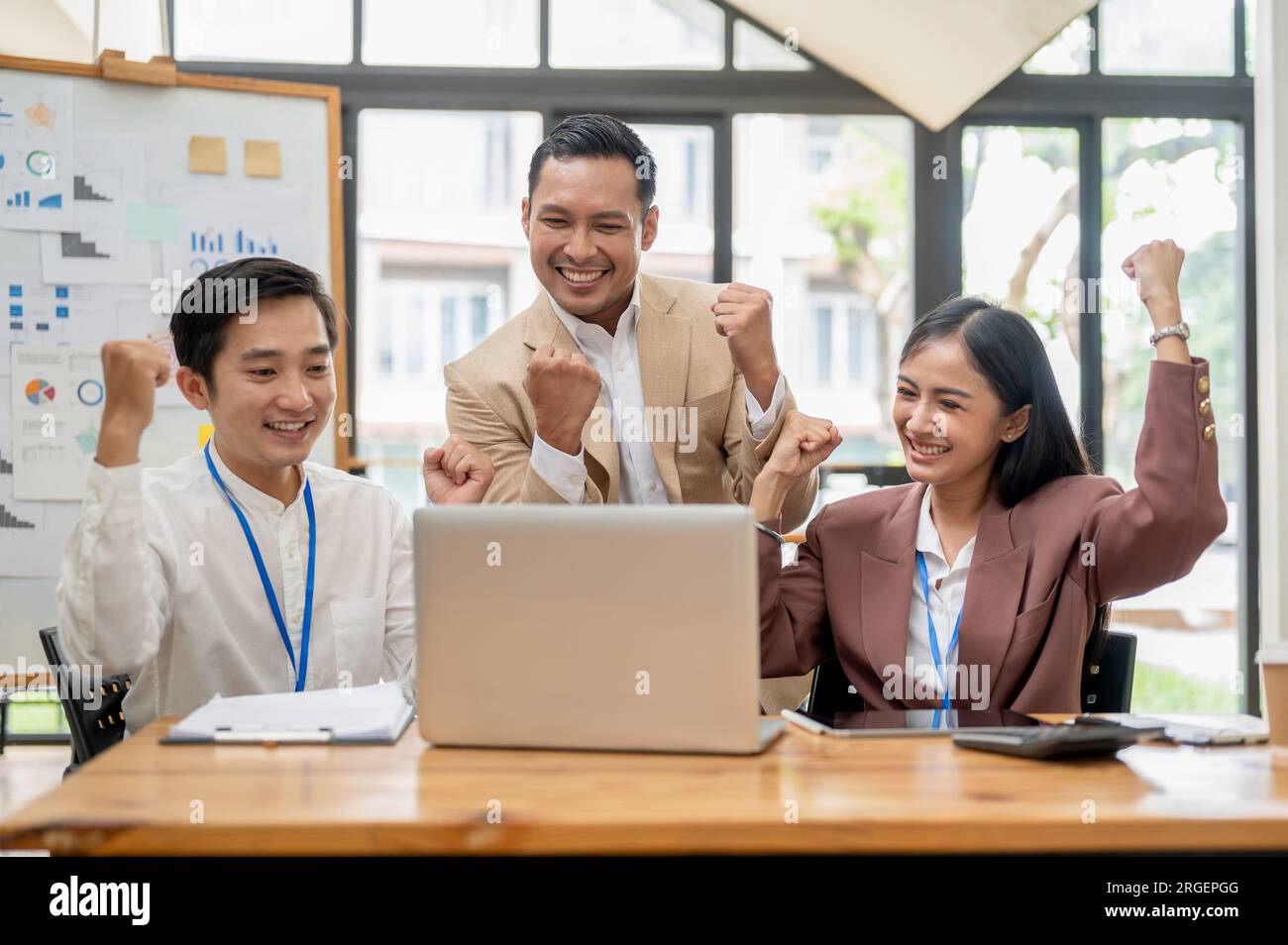 A group of cheerful and successful Asian businesspeople are showing ...