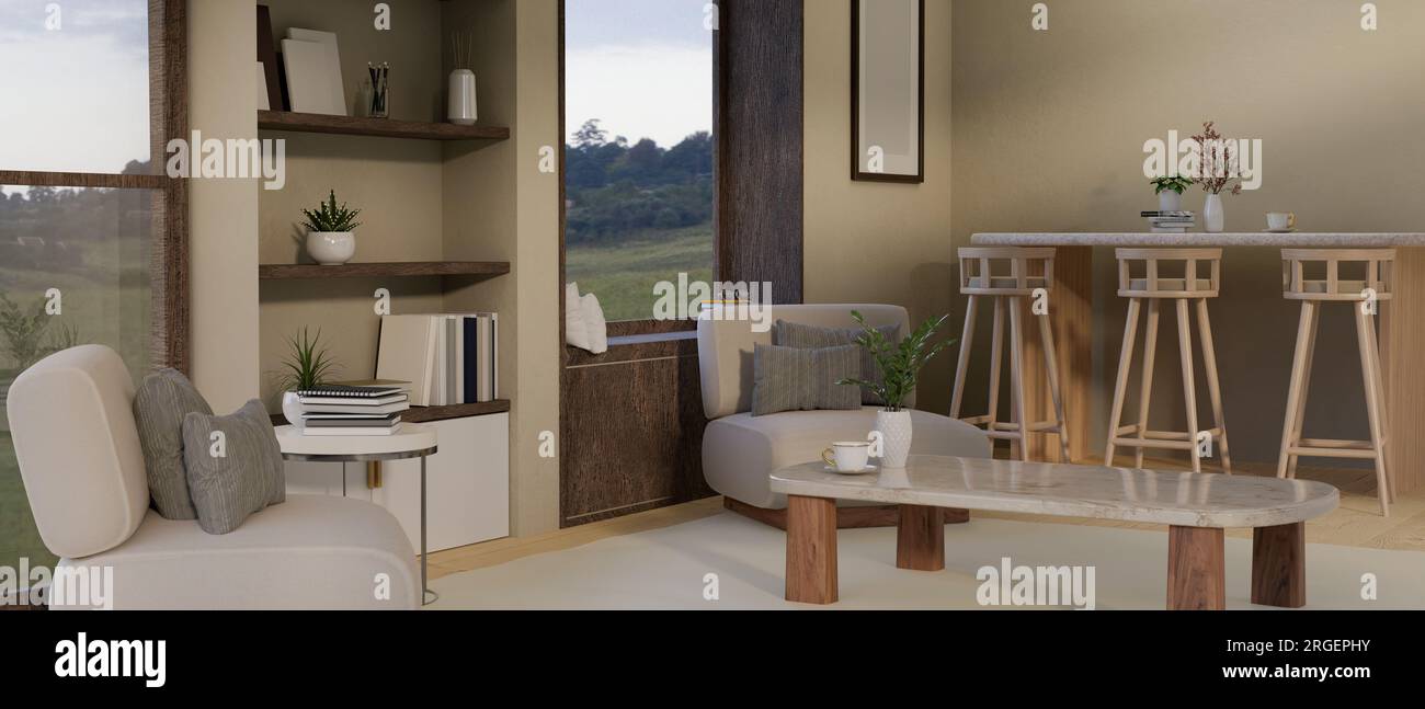 Cozy and contemporary living room with comfortable chairs, a coffee ...