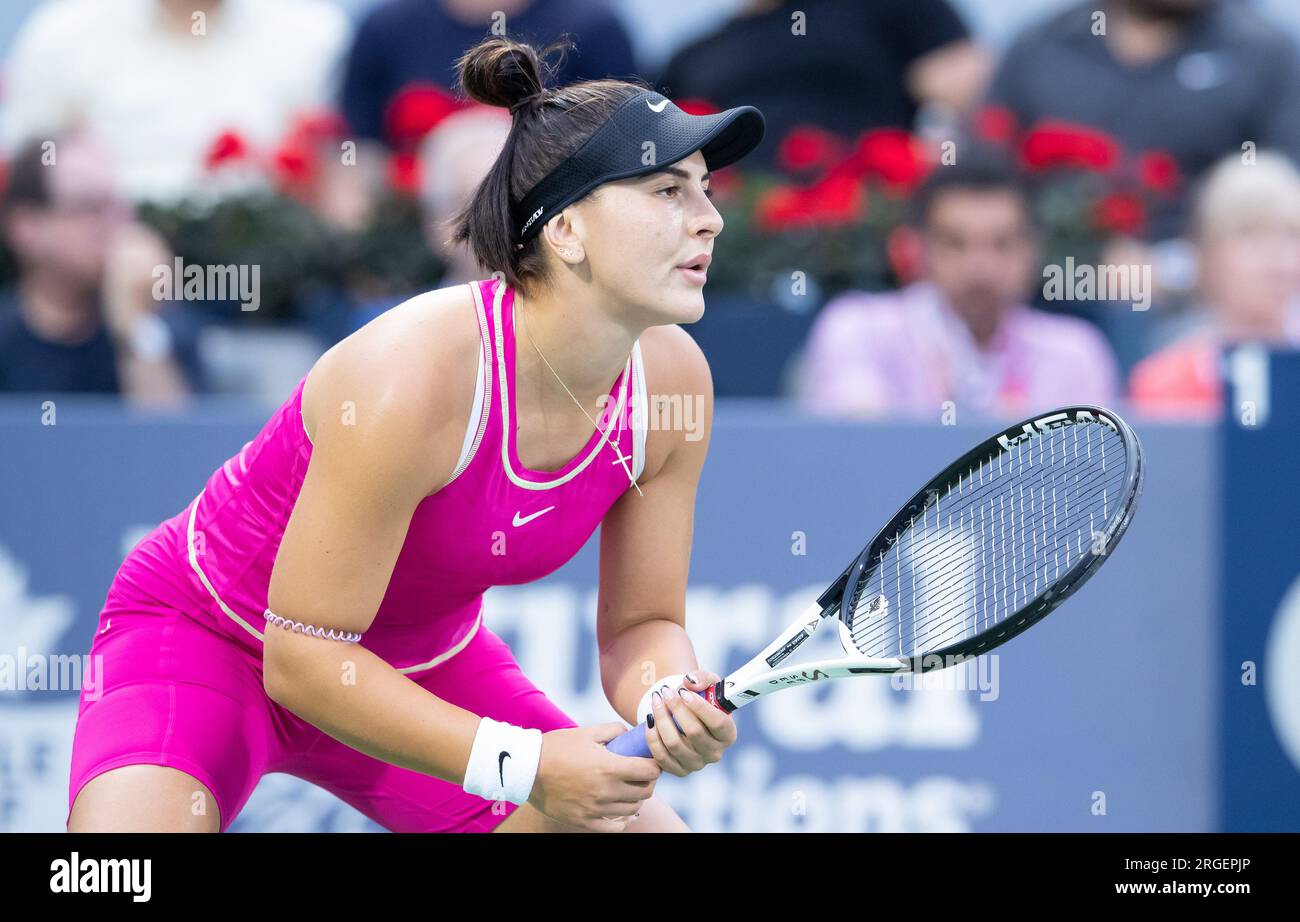 August 08, 2023: Bianca Andreescu (CAN) awaits a serve during the WTA ...