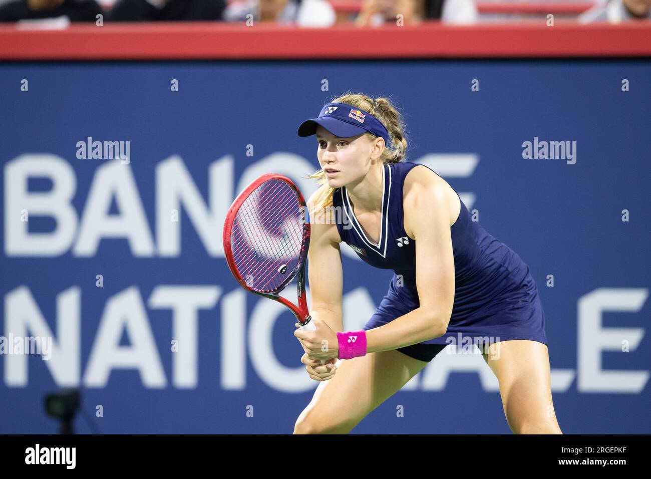 August 08, 2023: Elena Rybakina (KAZ) waits on a serve during the WTA ...