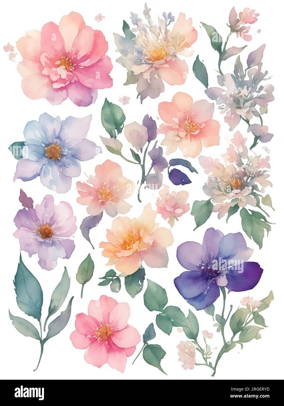 Watercolor flowers on a white background without shadows for ...