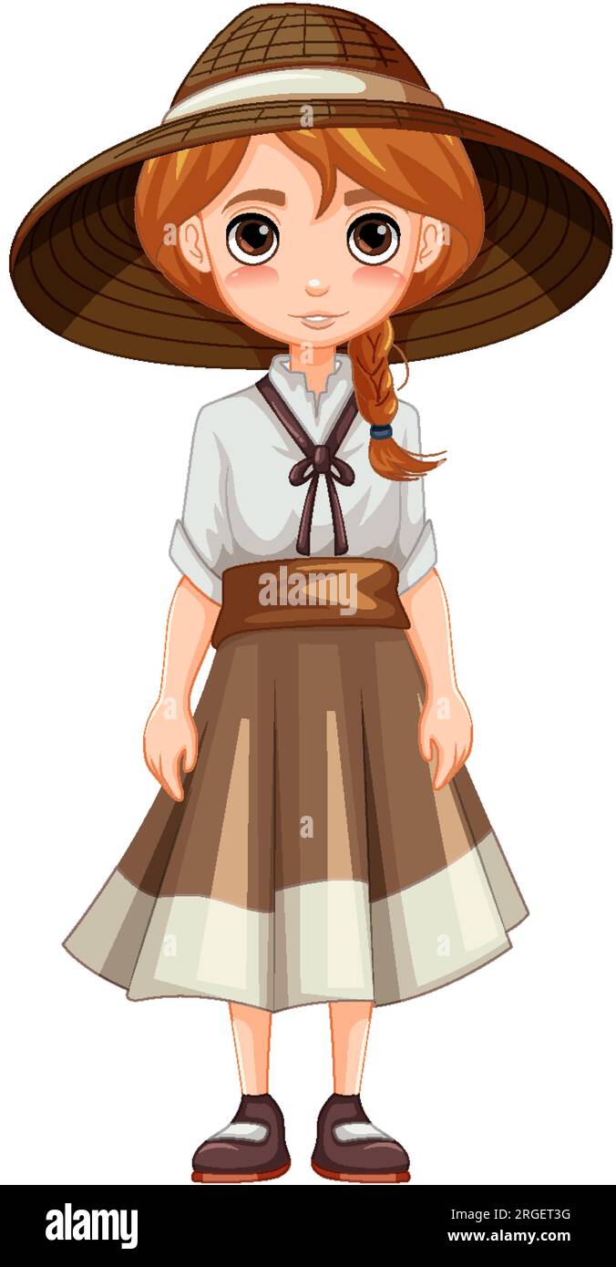A cartoon illustration of a cute woman wearing a traditional Asian ...