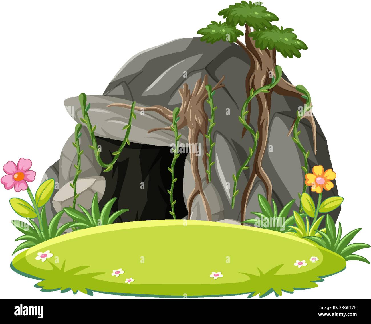 A vector cartoon illustration of a nature cave surrounded by a tree and vines Stock Vector Image ...