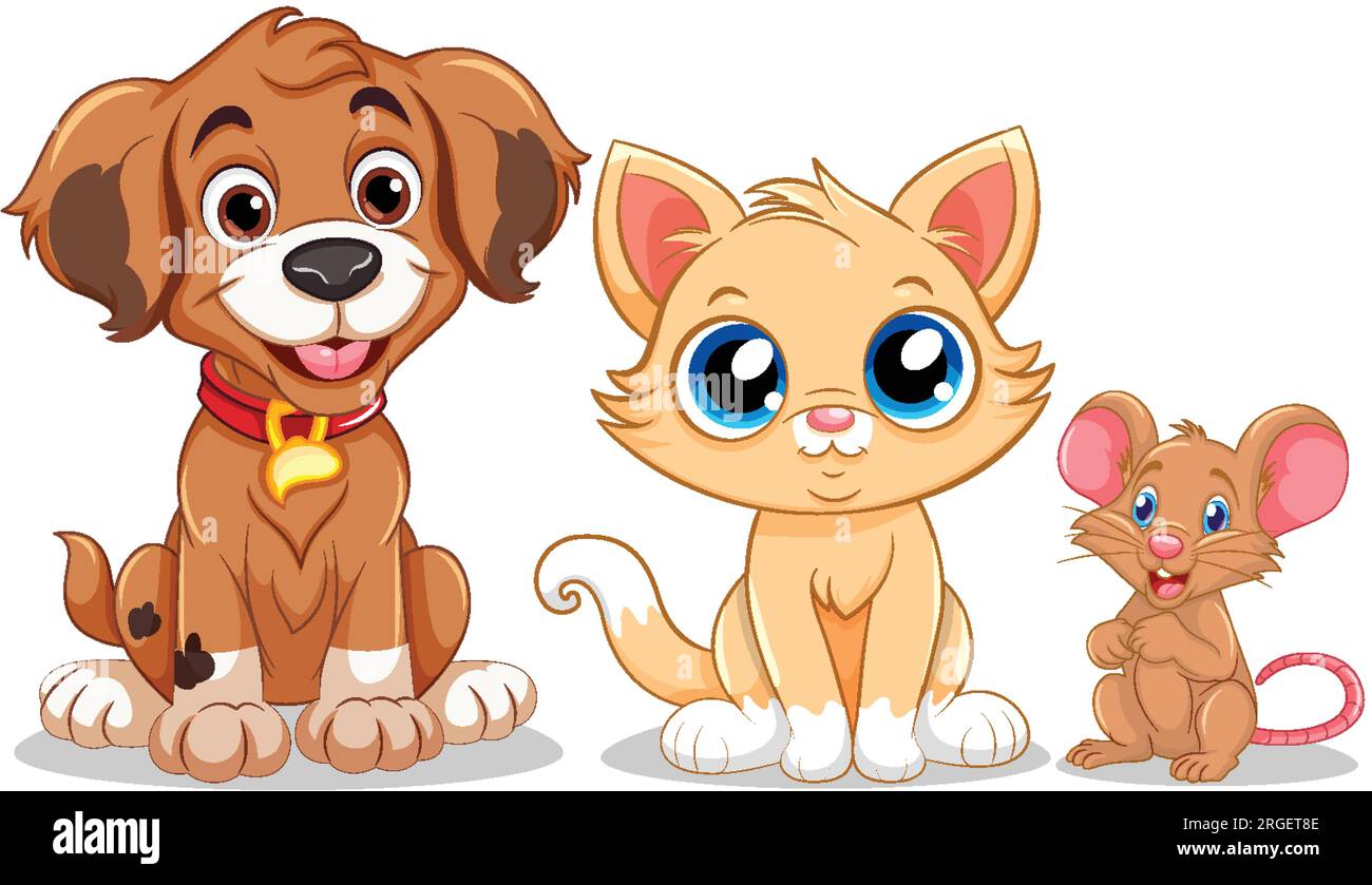 Playful Animal Friends with Cute Cartoon Dog, Cat and Mouse ...