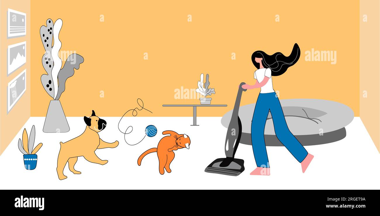 The woman is cleaning the room. A cat and a dog play with a ball of ...