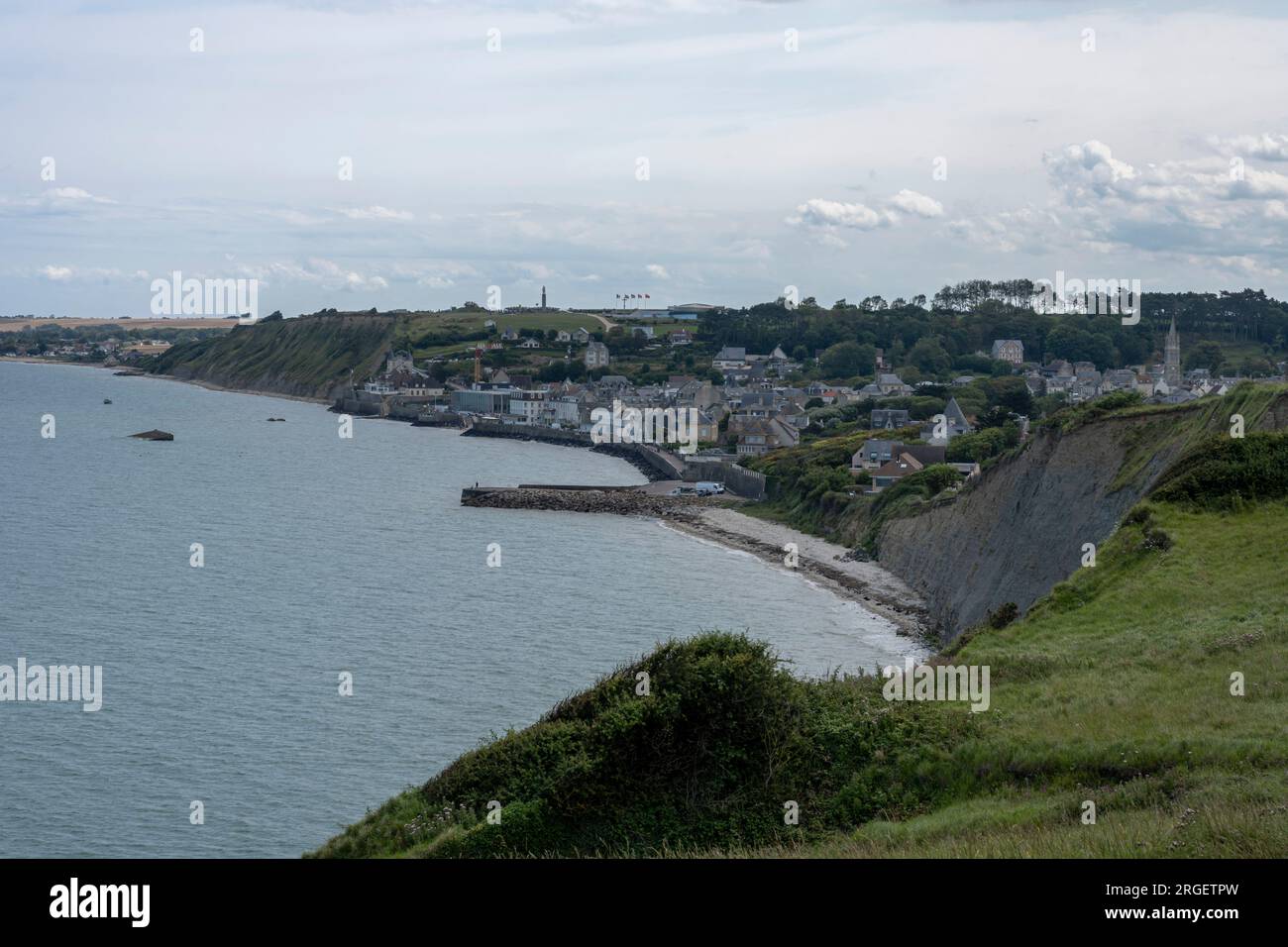 Arromanches-les-Bains, France - 07 21 2023: View of the sea, pontoons ...