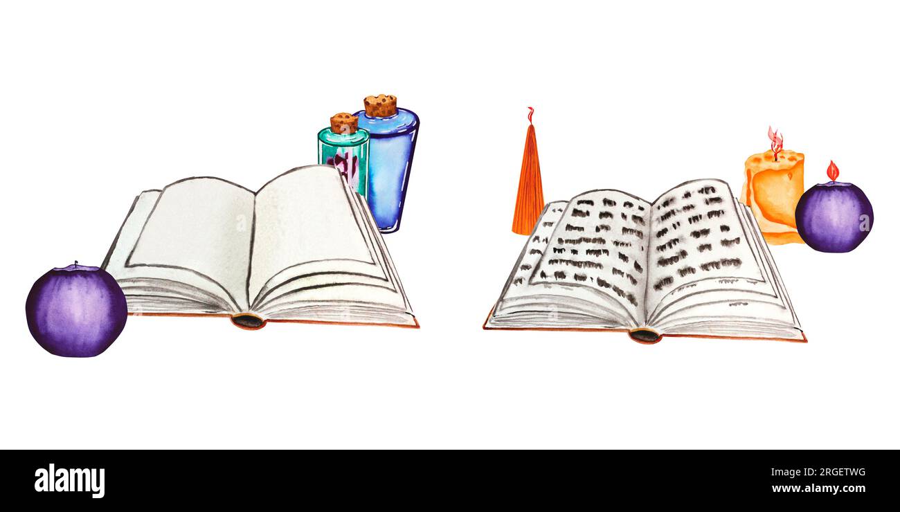 Book with candles, potions and flasks. Watercolor illustration of ...