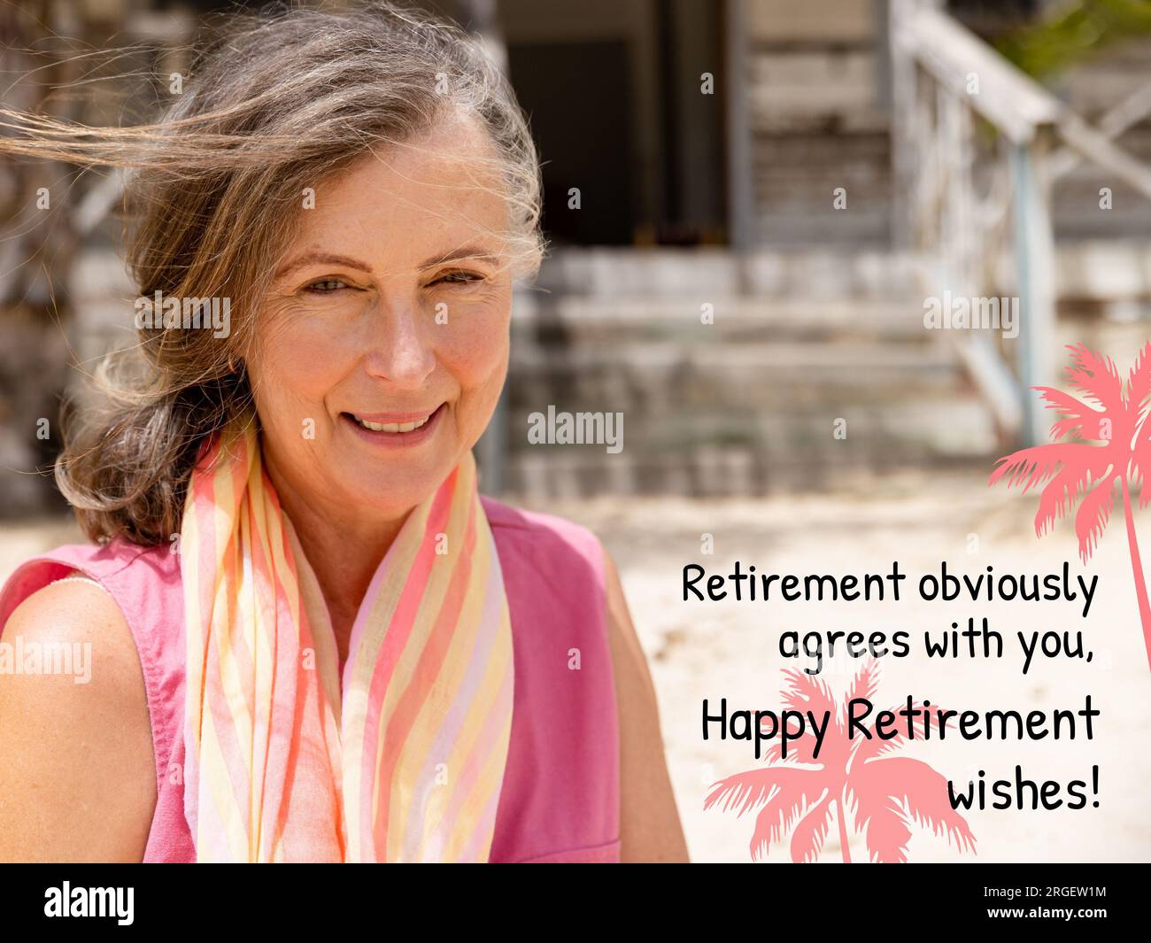 Composite of happy retirement text over happy senior caucasian woman ...