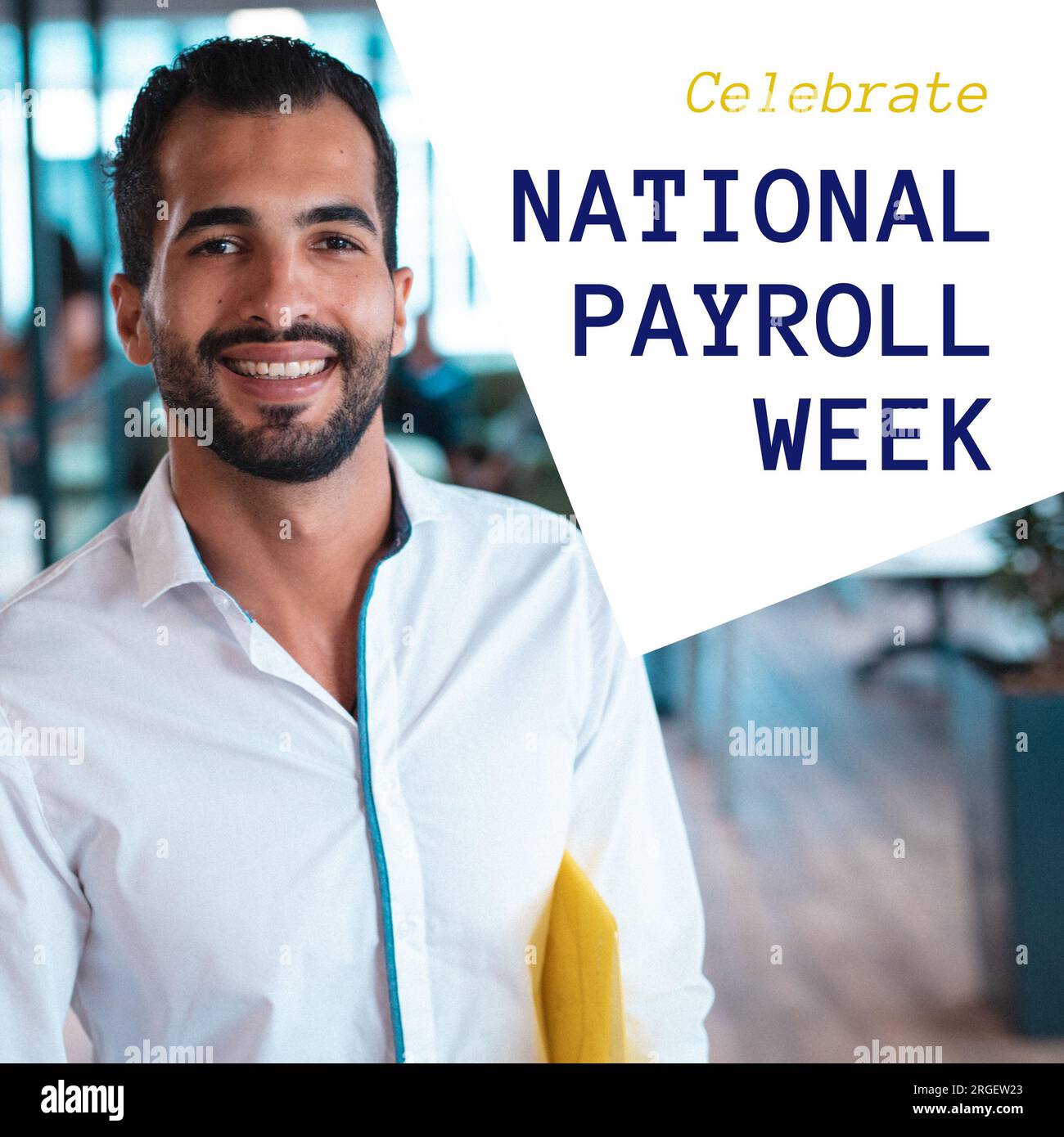 Celebrate national payroll week text over happy middle eastern casual ...