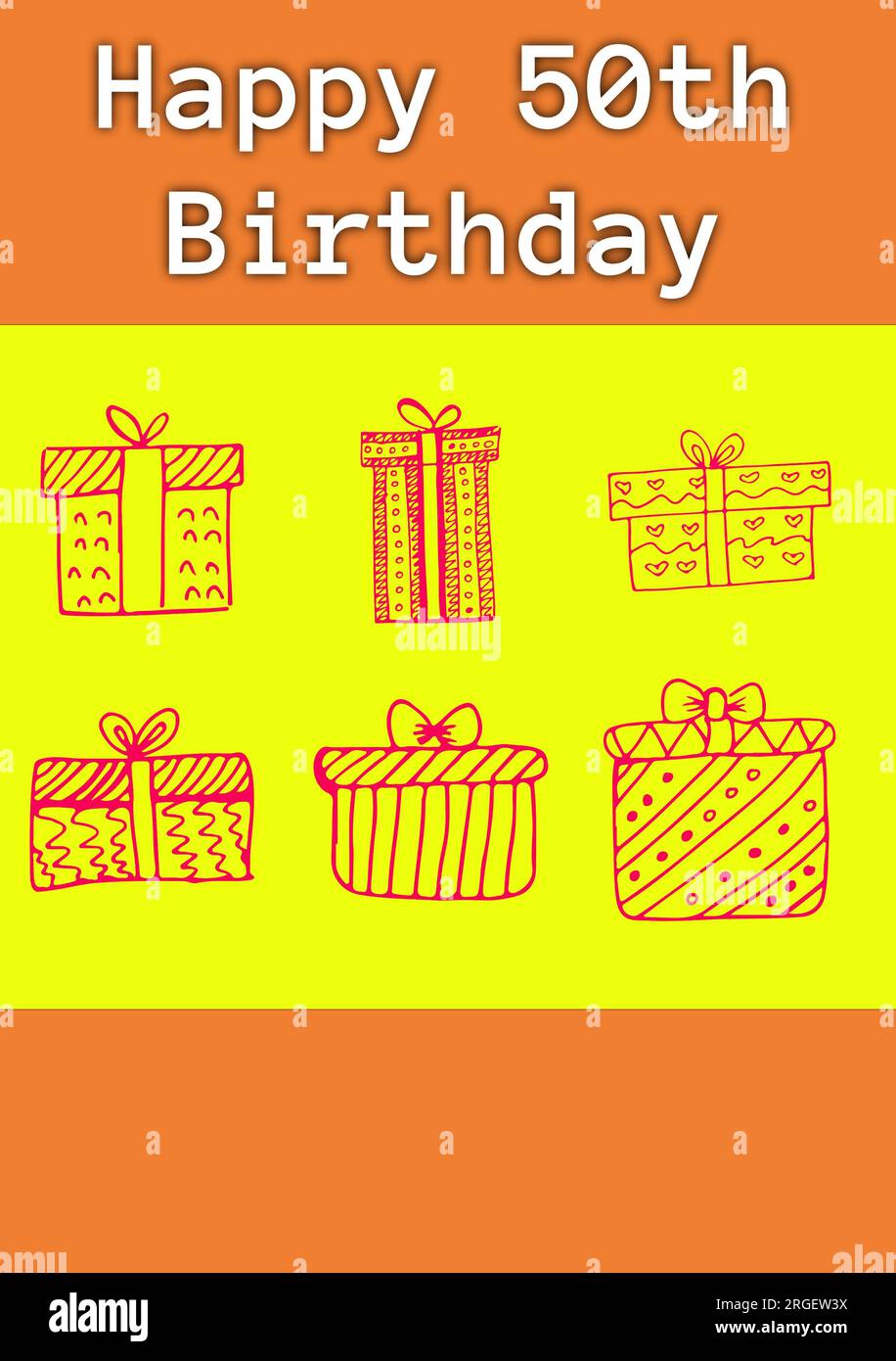 Composite of happy 50th birthday text and birthday presents on yellow ...