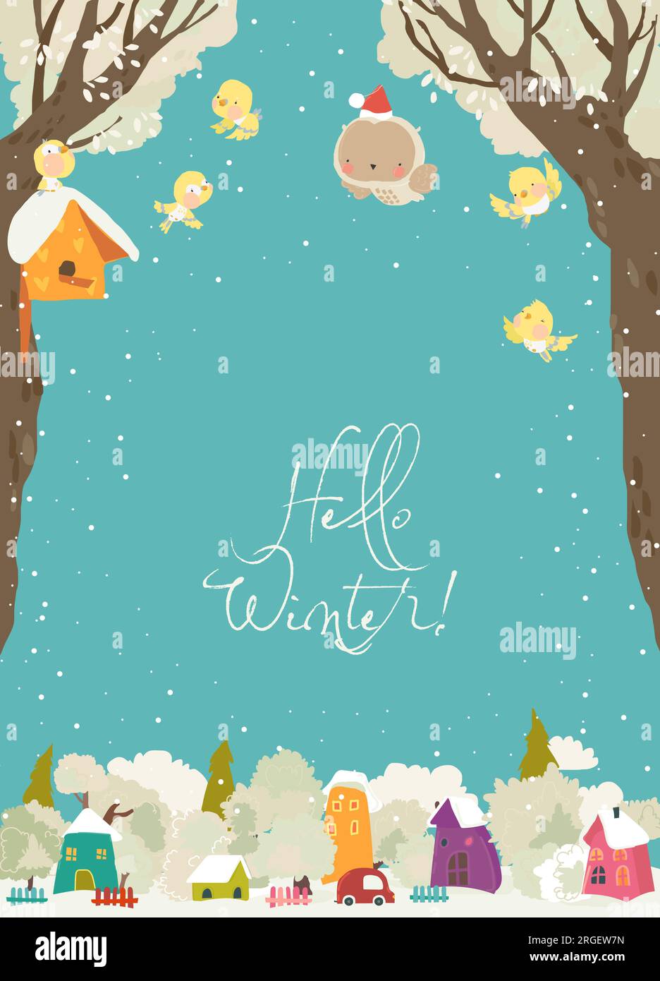 Cute Cartoon Frame with Colorful Houses with Winter Trees Stock Vector ...