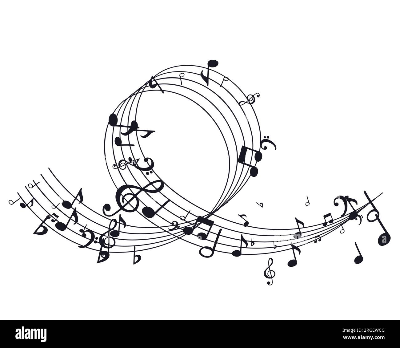 Flow of flying black notes on stave. Musical symbols for banner of ...