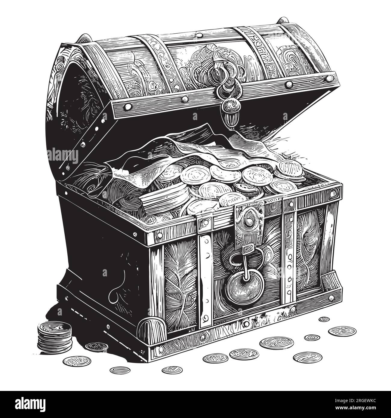 Chest with money and coins hand drawn sketch illustration Stock Vector ...